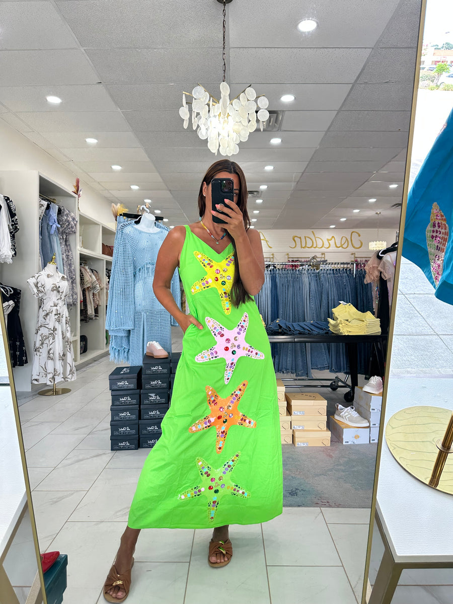 Queen Of Sparkles Lime Green Multi Star Fish Midi Cotton Dress – Shop Shoetique
