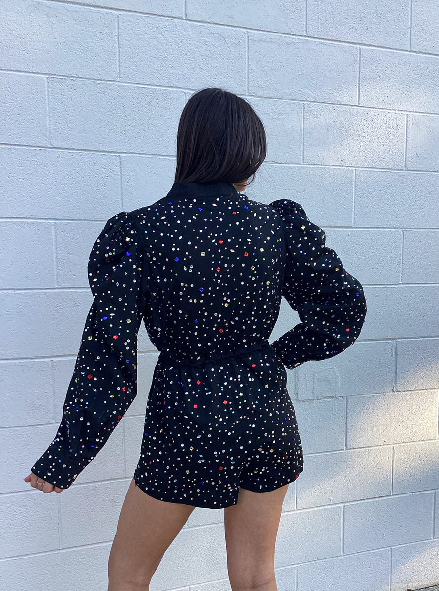 Queen Of Sparkles Black Multi Scattered Rhinestone Romper – Shop Shoetique