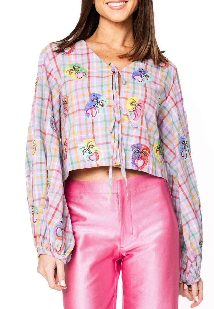 Queen Of Sparkles Lavender Plaid Mardi Gras Mask Tie Top – Shop Shoetique